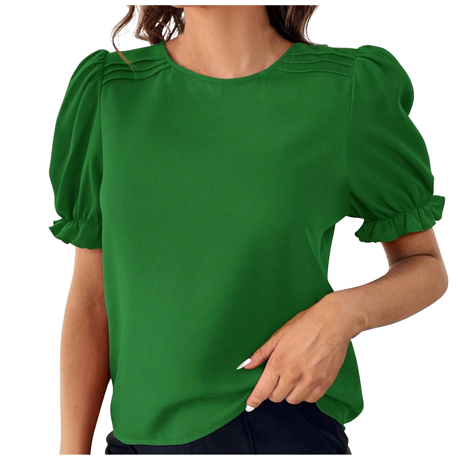 FAIWAD Womens Lantern Short Sleeve T-Shirts Summer Ruffle Plain Round ...