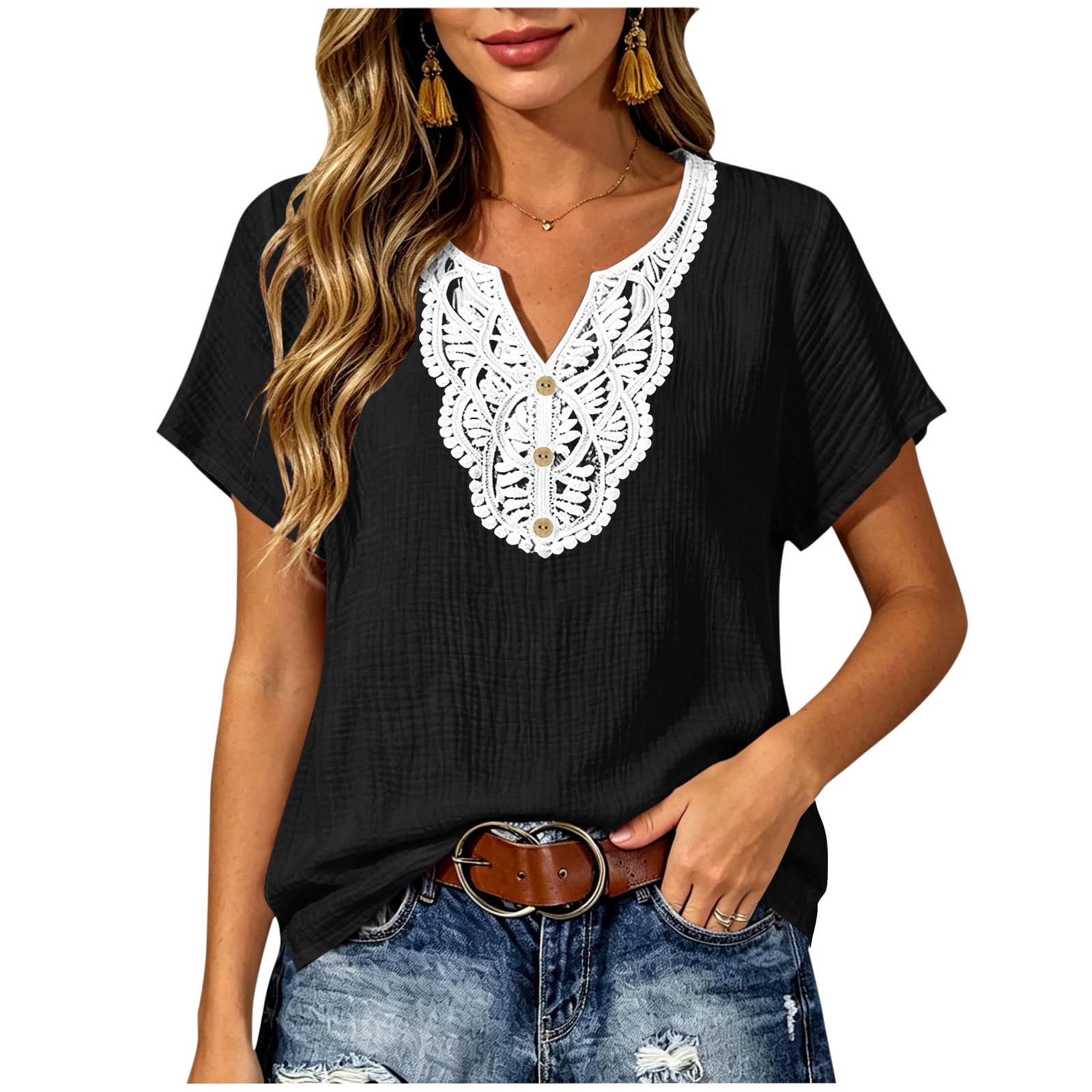 FAIWAD Womens Linen Shirts Embroidered Lace V Neck Short Sleeve Tops ...