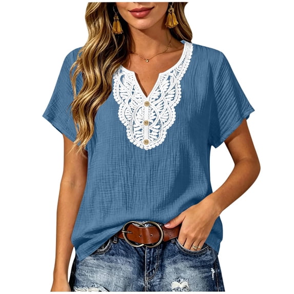 FAIWAD Womens Linen Shirts Embroidered Lace V Neck Short Sleeve Tops ...
