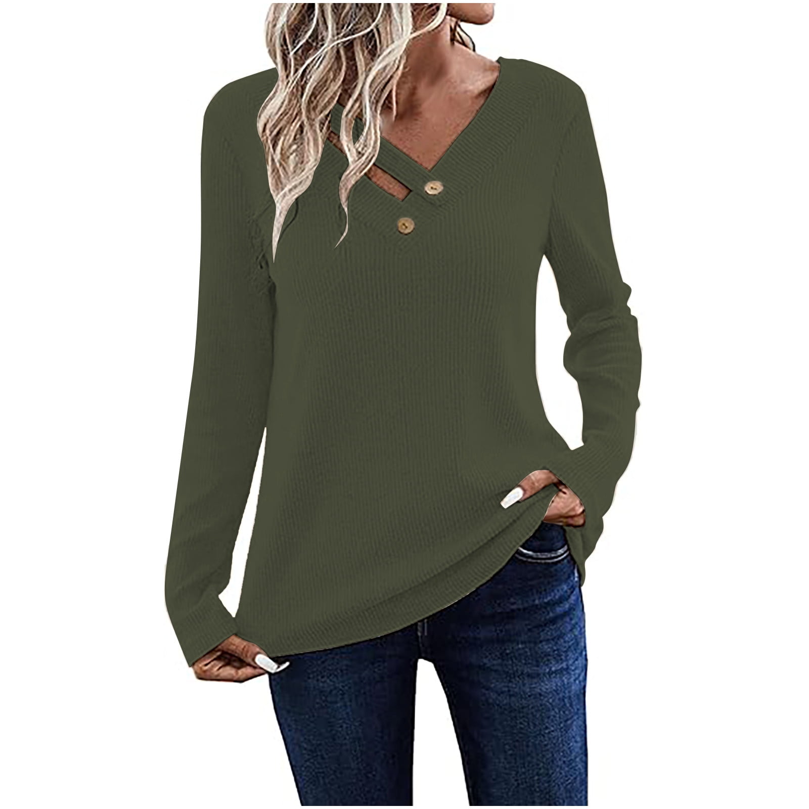 FAIWAD Womens Long Sleeve Tops Trendy Casual V-Neck Ribbed Knit Work ...