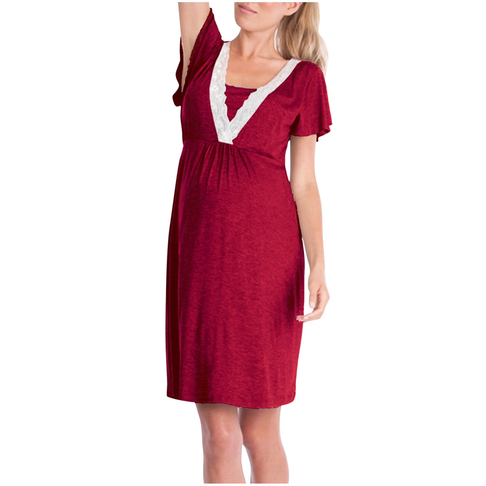 FAIWAD Womens Maternity Nightgowns Nursing Short Sleeve Lace Patchwork ...