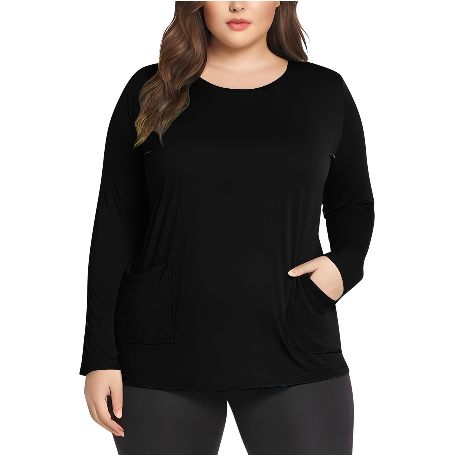 FAIWAD Womens Plus Size Long Sleeve Tops with Pockets Casual Loose Crew ...
