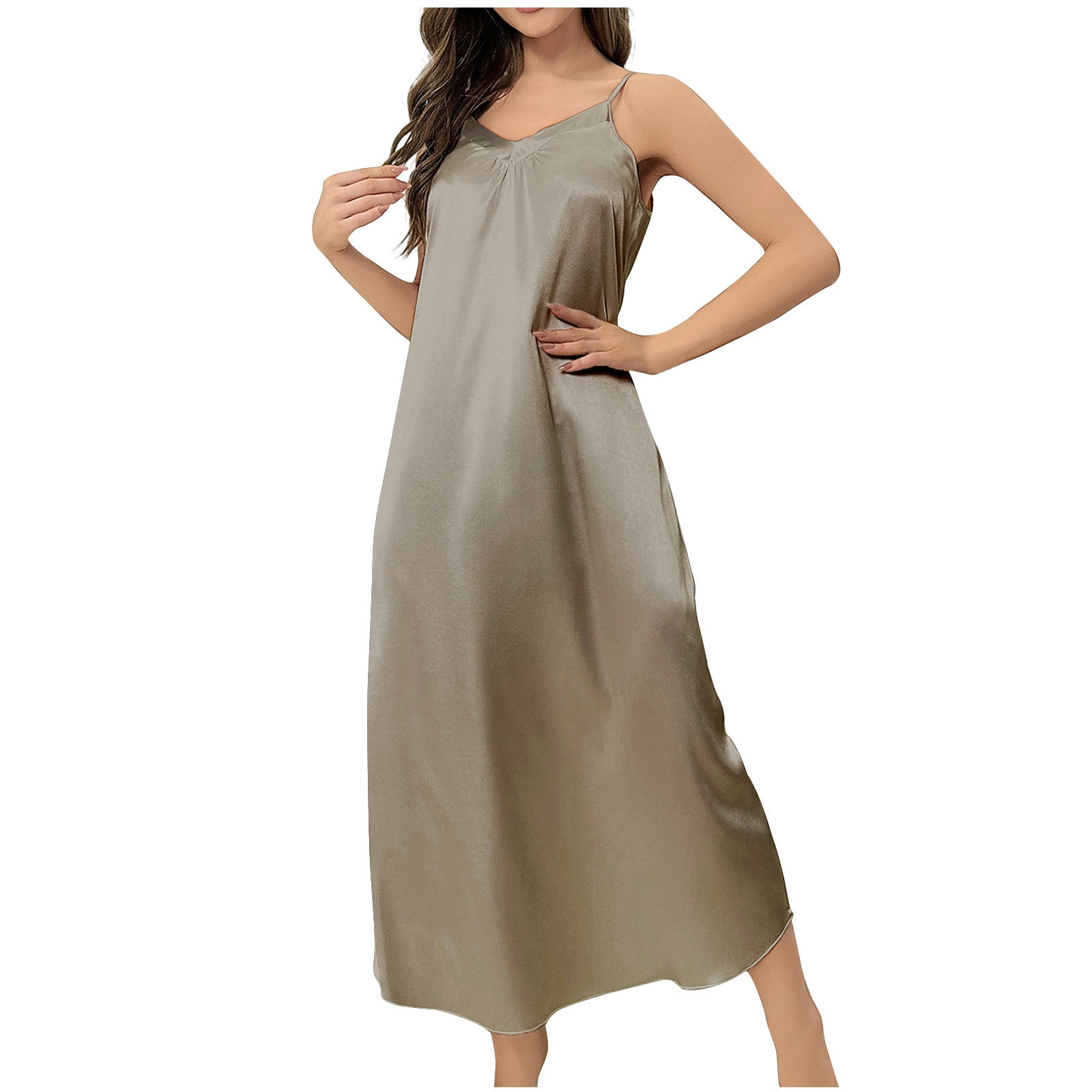 FAIWAD Womens Satin Nightgown Spaghetti Strap Sleeveless V Neck Draped ...