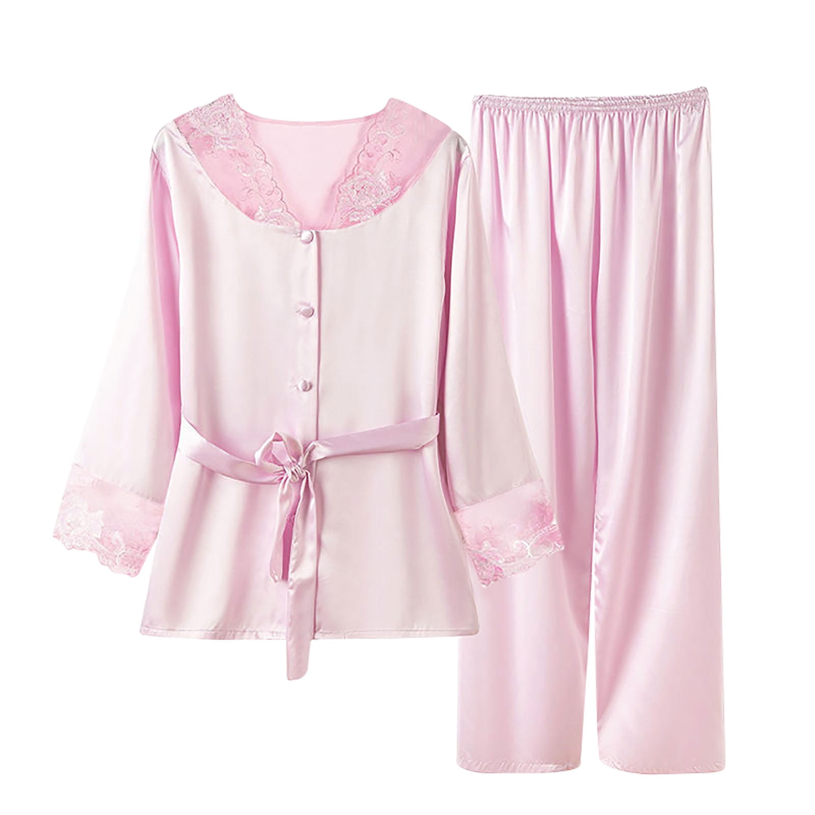 FAIWAD Womens Satin Pajamas Set Long Sleeve Lace Embroidery Button ...
