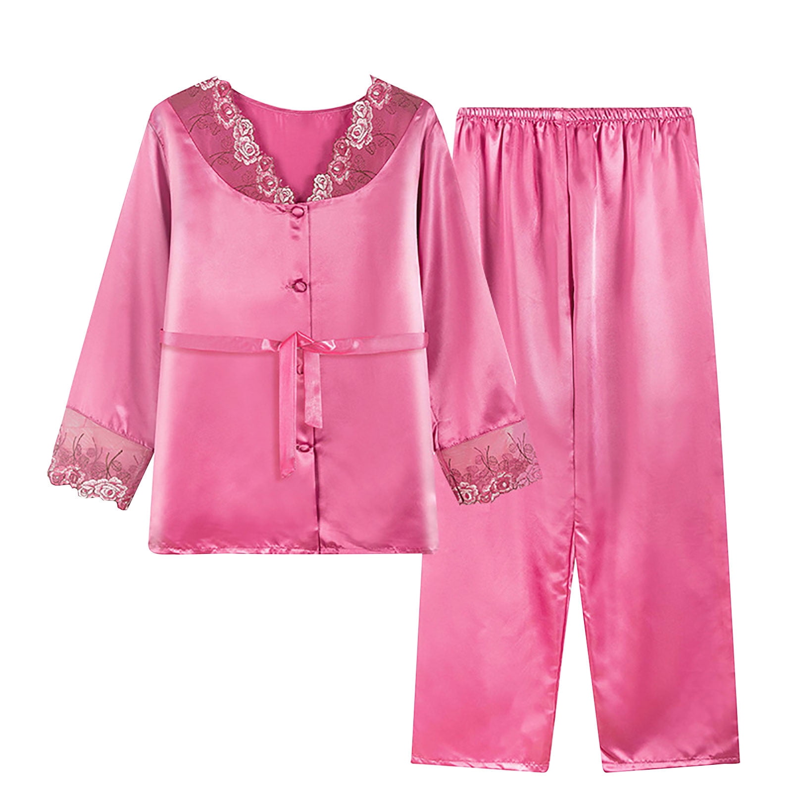 FAIWAD Womens Satin Pajamas Set Long Sleeve Lace Embroidery Button ...