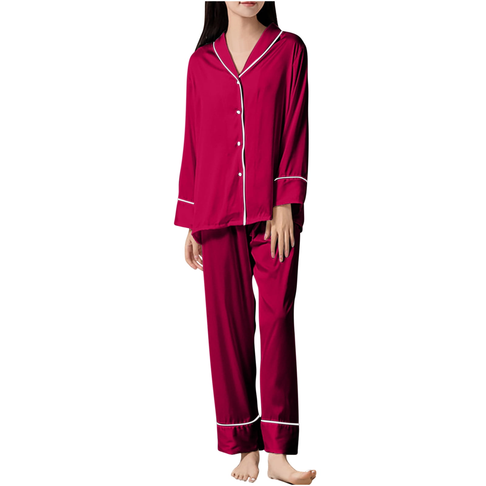FAIWAD Womens Satin Pajamas Set Long Sleeve Lapel Button Shirt and ...