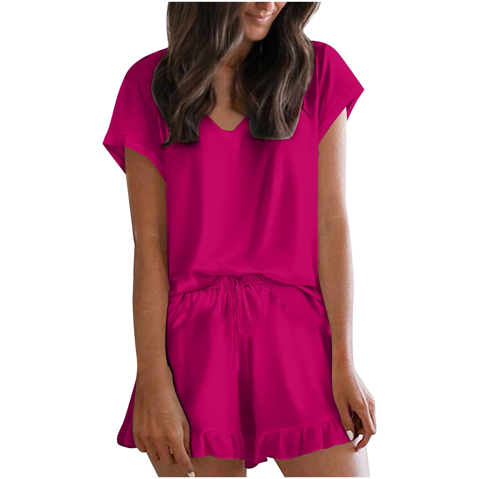 FAIWAD Womens Satin Pajamas Set Short Sleeve V Neck Top and Ruffle ...