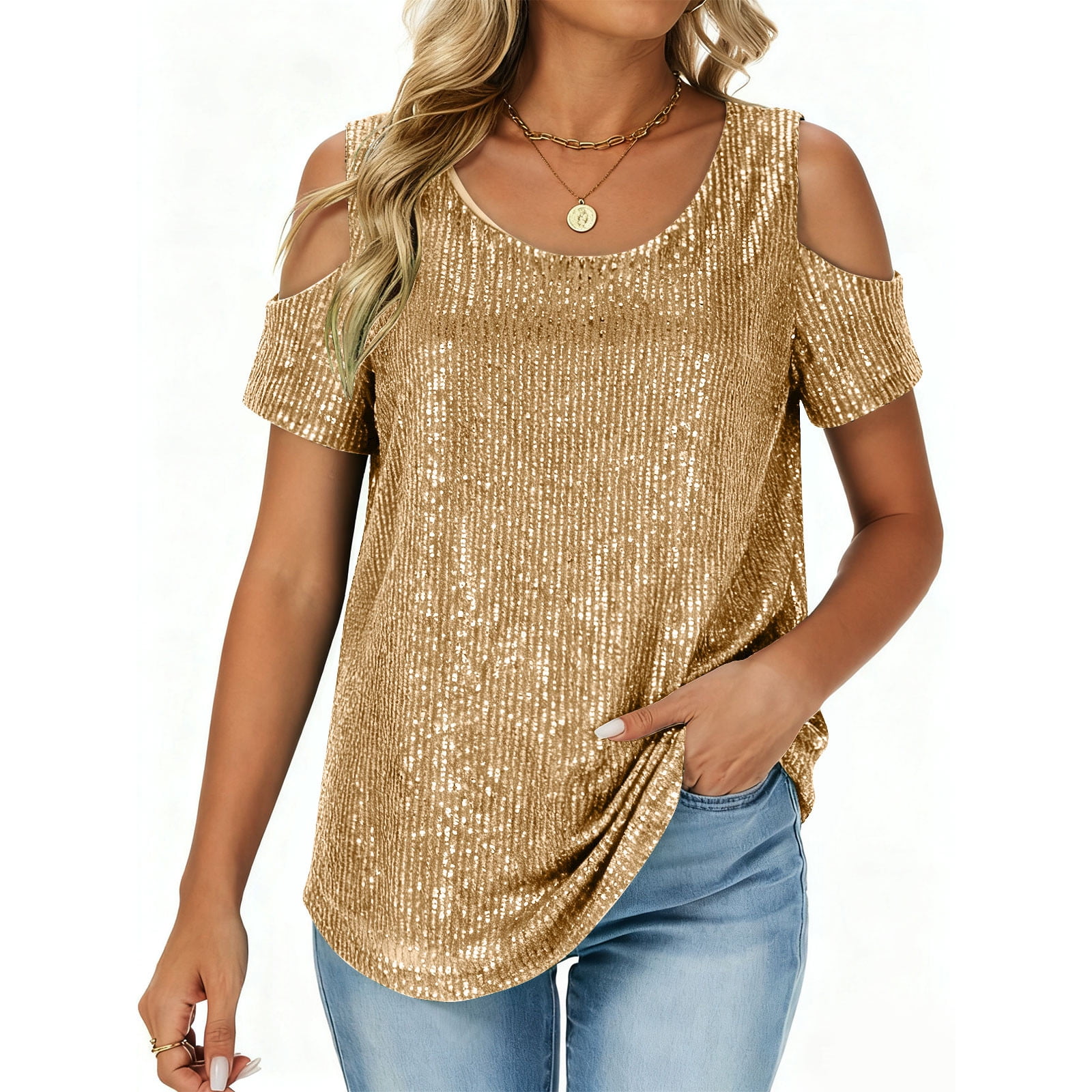 FAIWAD Womens Sparkly Sequin Tops Casual V Neck Cold Shoulder Blouses ...