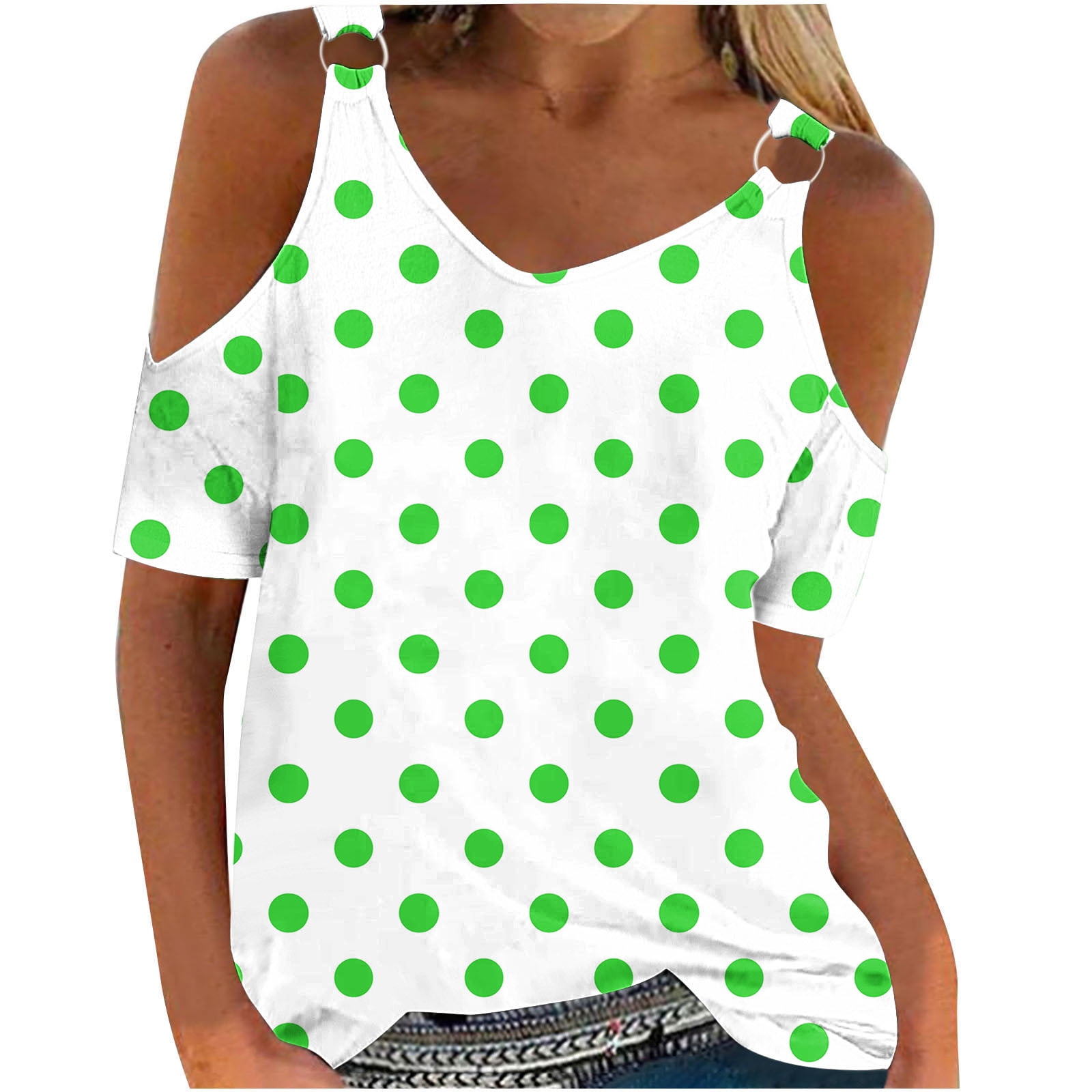 FAIWAD Womens Summer Tops Cold Shoulder Polka Print Tunic Tops Chain ...