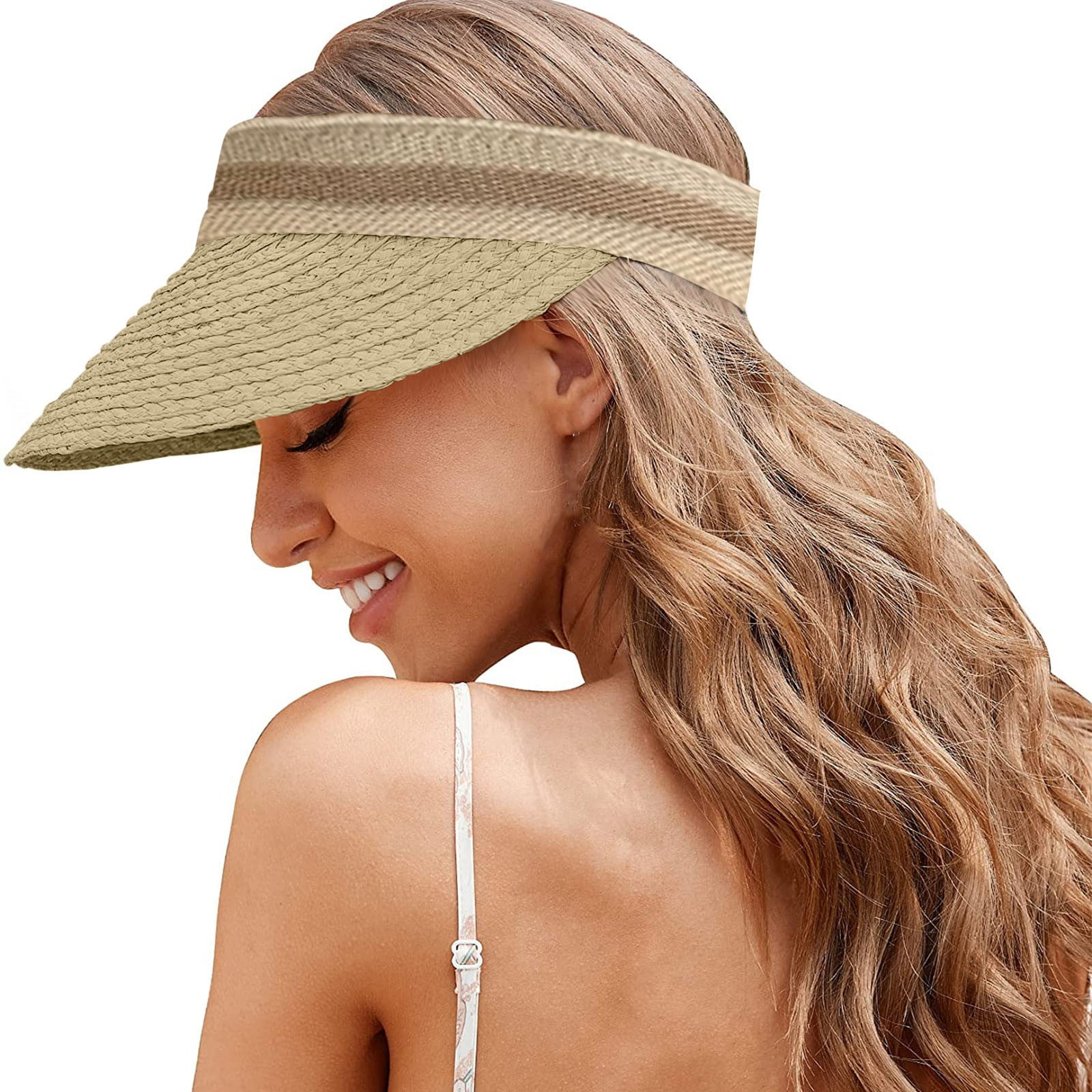 FAIWAD Womens Sun Hat Straw Sun Cap Summer Foldable Packable Ponytail ...