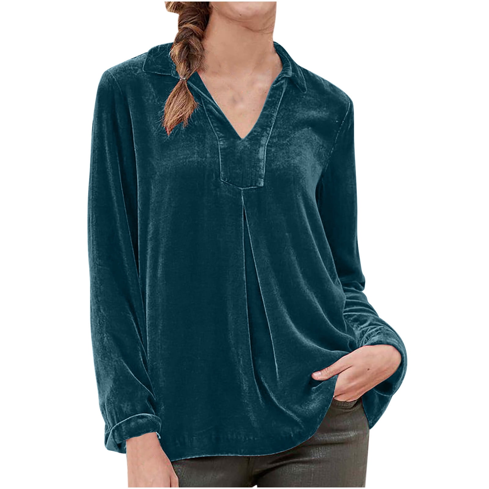 FAIWAD Womens Velvet Tunic Tops Long Sleeve V Neck Trendy Solid Color ...