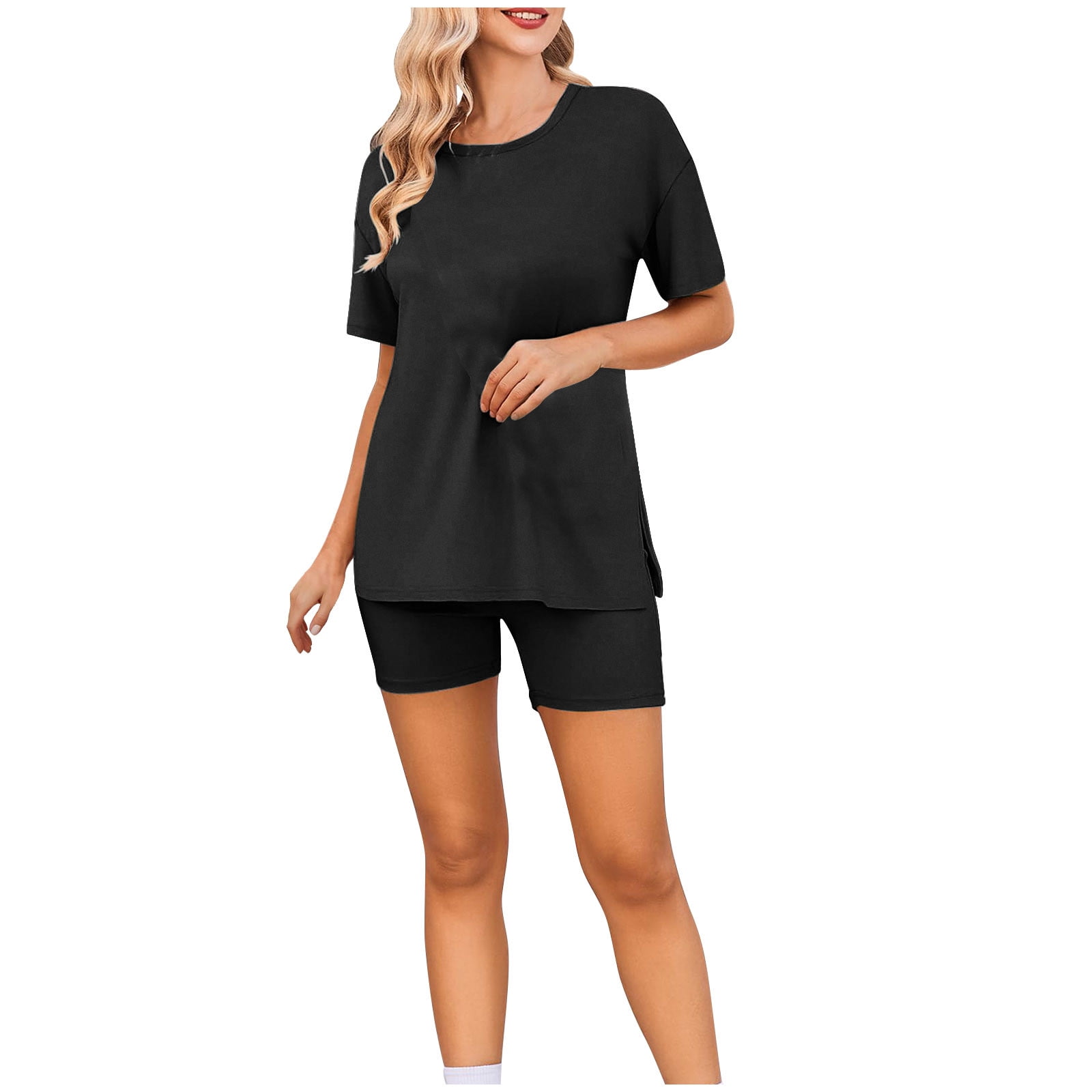FAIWAD Womens Workout 2 Piece Outfits Casual T-Shirt and Biker Shorts ...