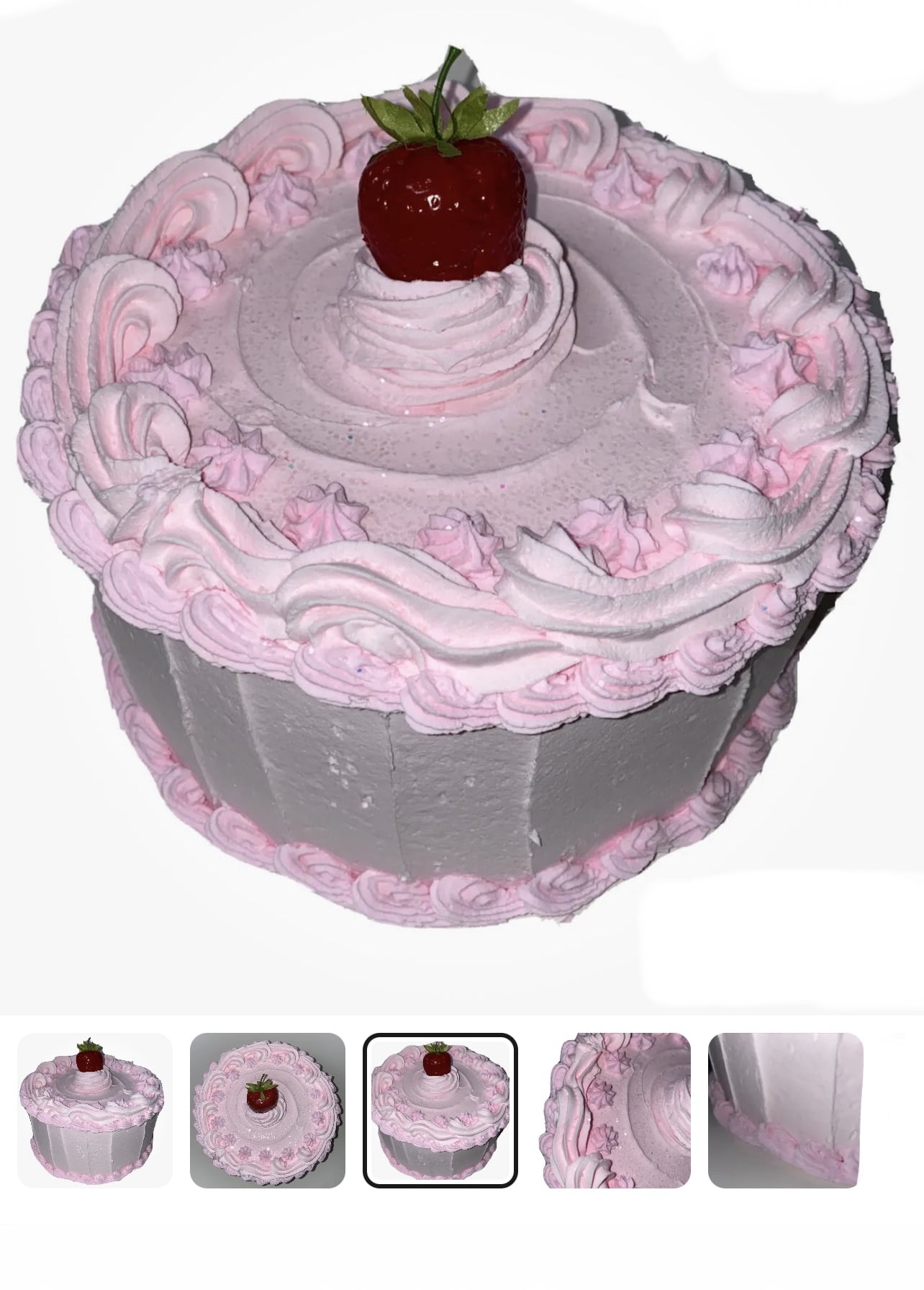 FAKERY BAKERY Fake Food Pink Swirly Decor Cake with Center Strawberry ...