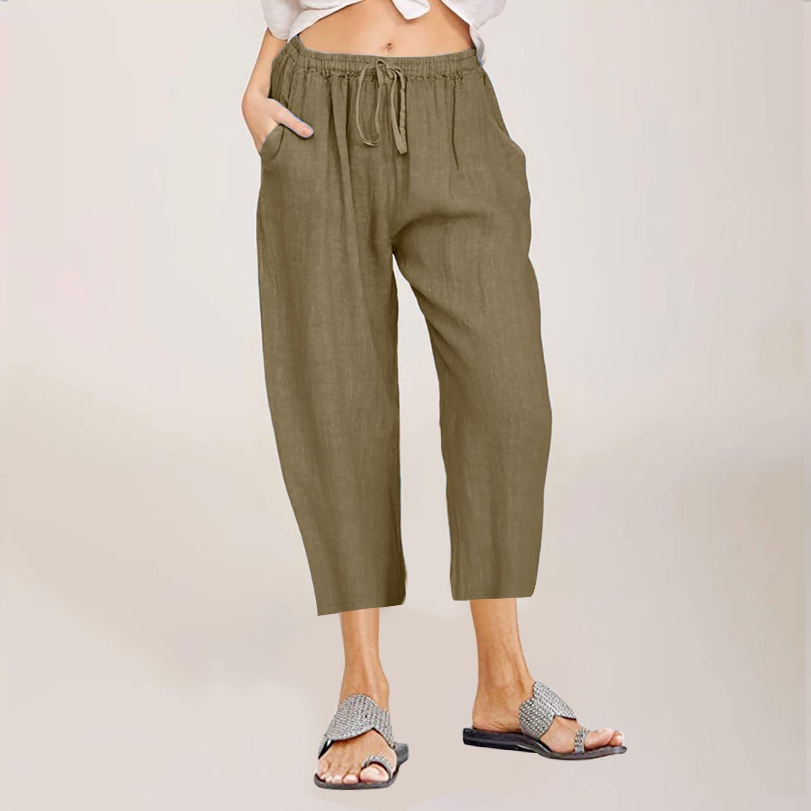 Fakkduk Capri Pants For Women Casual Summer Elastic High Waisted Linen