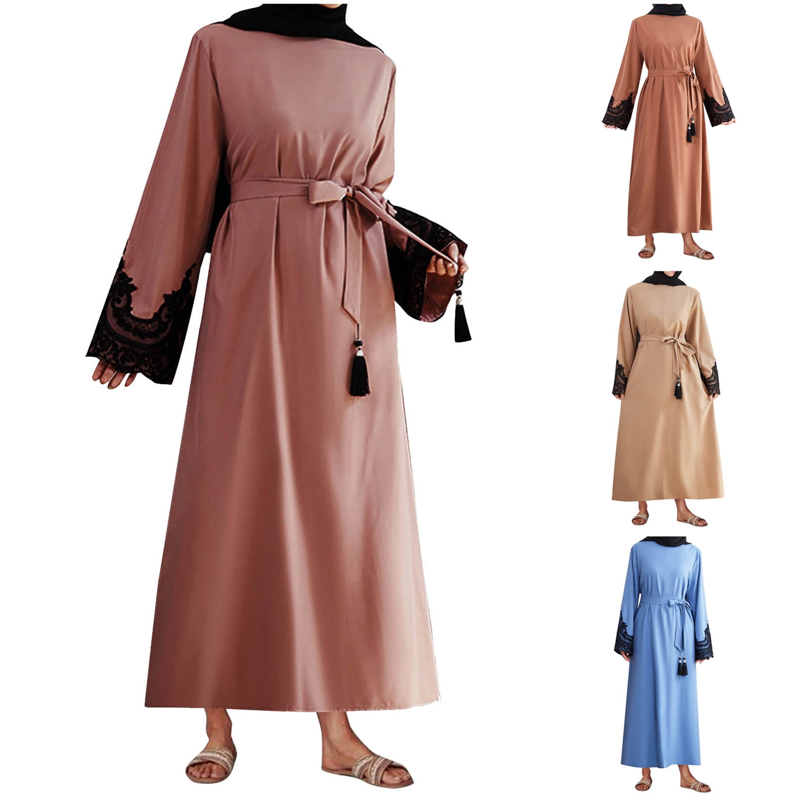 FAKKDUK Women Muslim Abaya Long Sleeve Maxi Dress Loose Full Cover ...