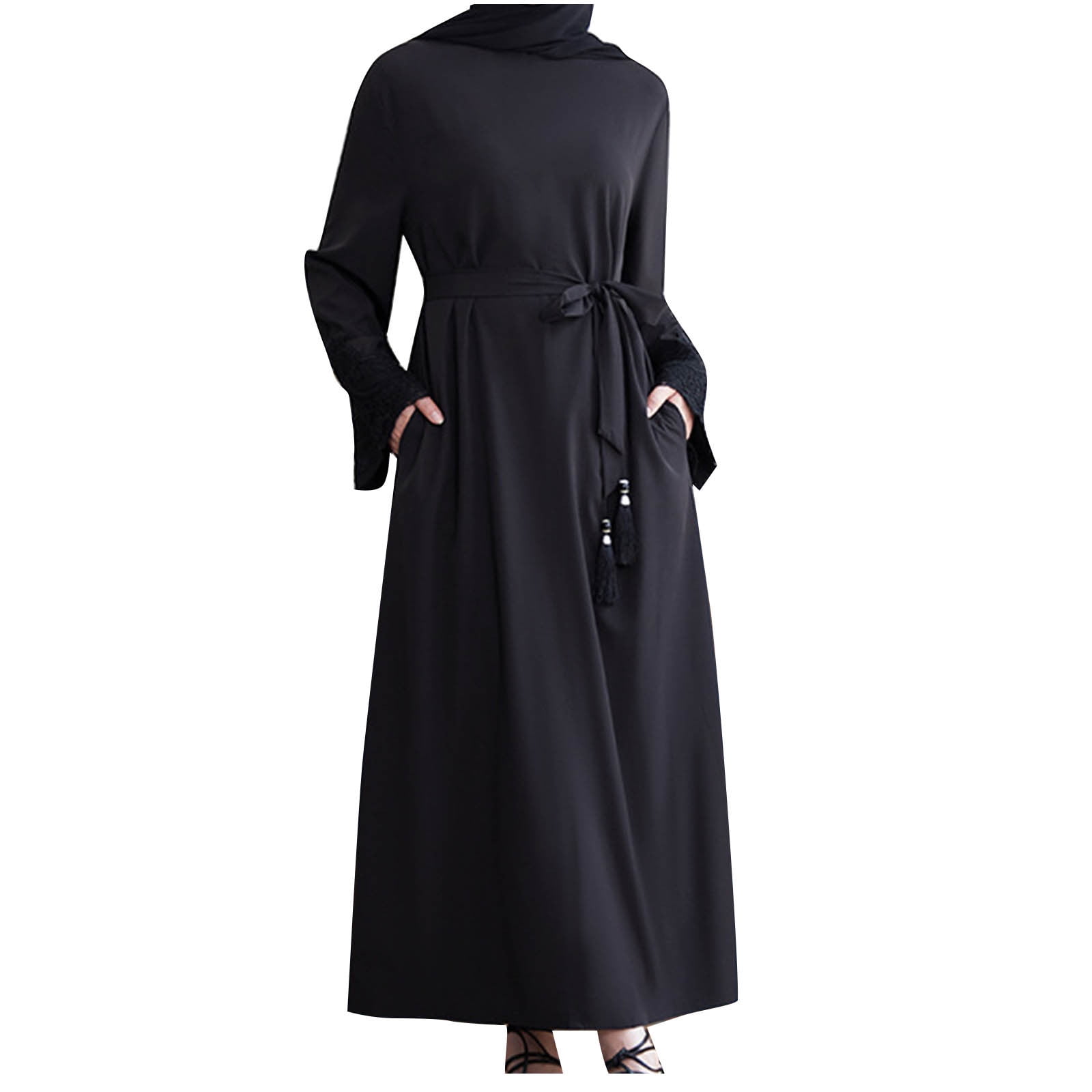 FAKKDUK Women Muslim Abaya Long Sleeve Maxi Dress Loose Full Cover ...