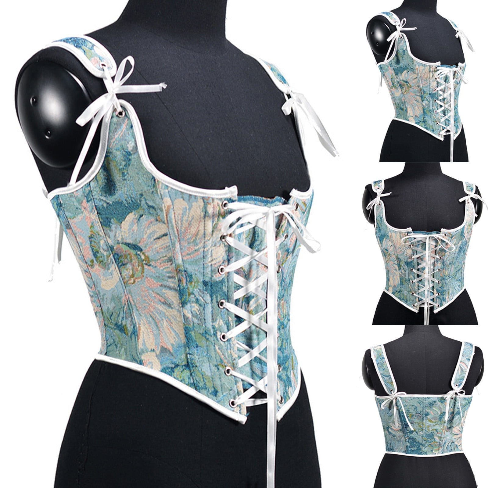 FAKKDUK Women's Spaghetti Straps Corset Satin Square Neck Vintage Boned ...