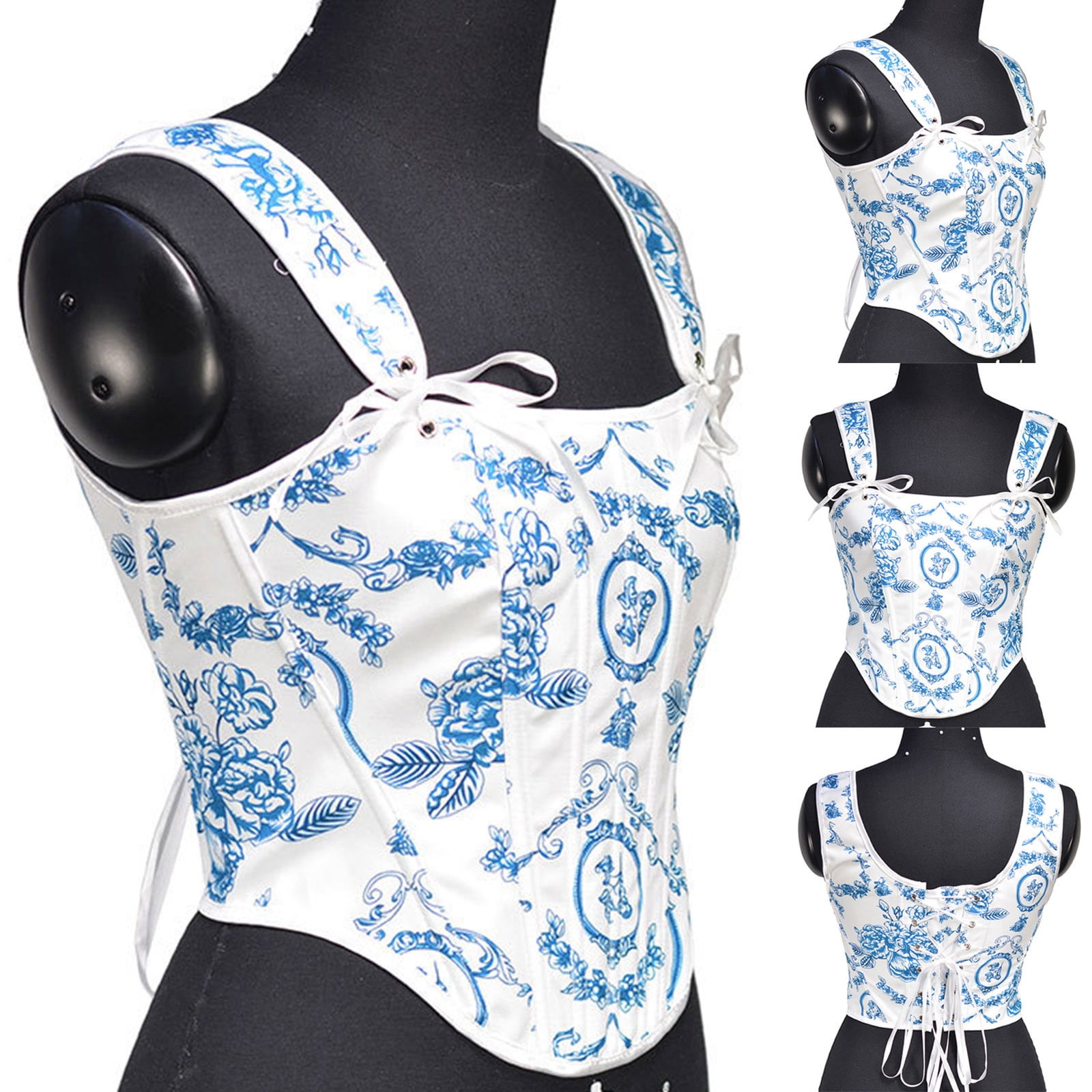 FAKKDUK Women's Spaghetti Straps Corset Satin Square Neck Vintage Boned ...