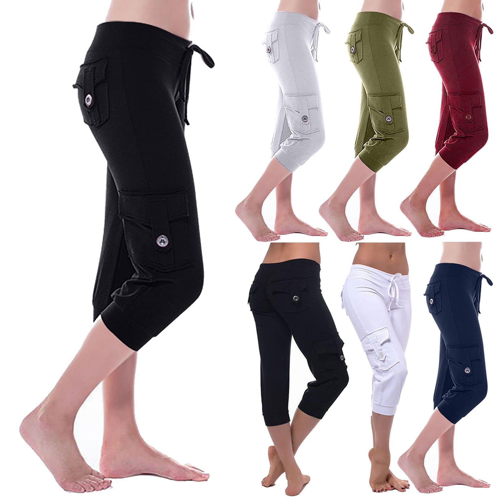 Fakkduk Womens Pull On Capri Button Pocket Pants For Women Drawstring