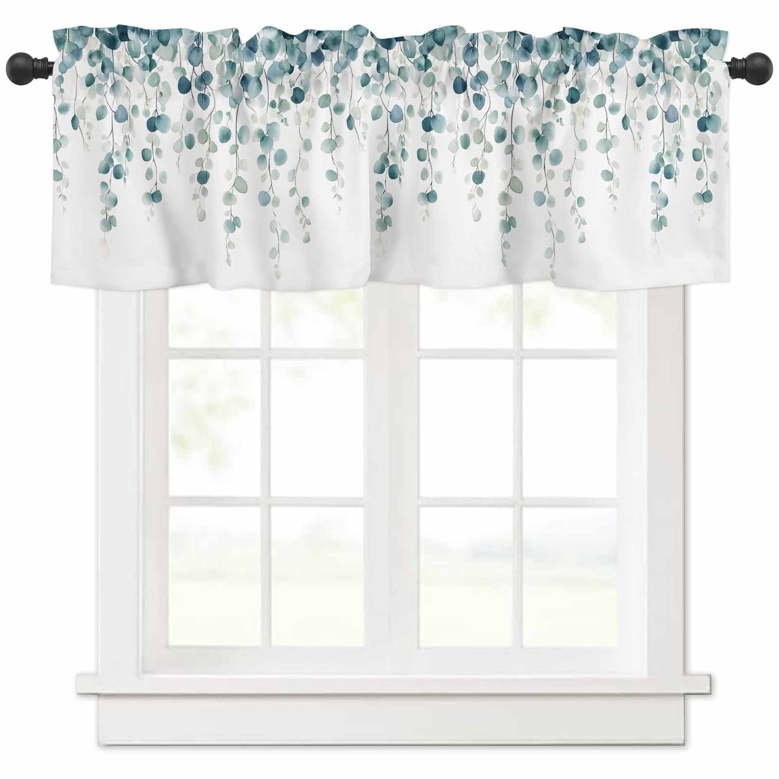 FAKULI Eucalyptus Leaf Valance for Windows Watercolor Leaf Rod Pocket ...