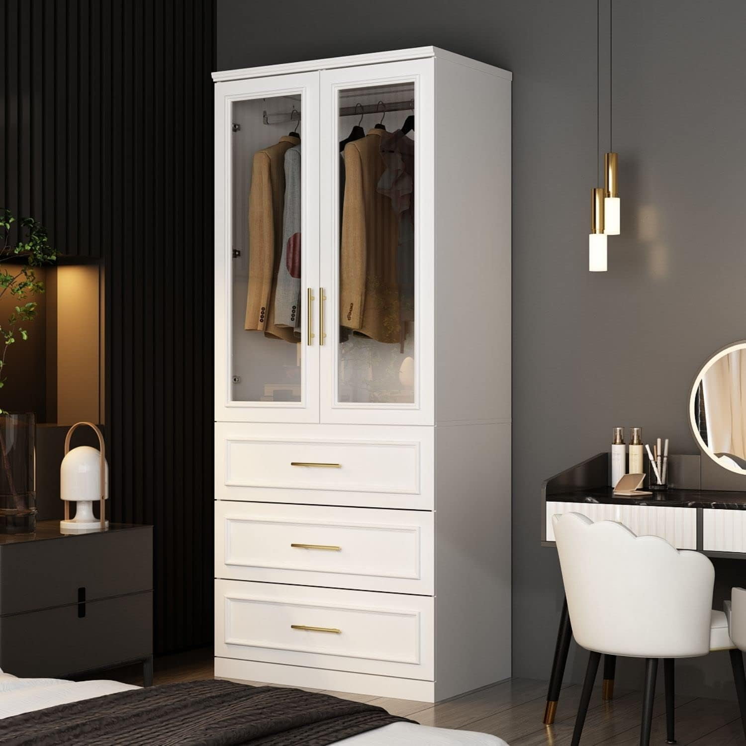 FAMAPY 2 Glass Door Wardrobe with 3 Drawers, Armoire Wardrobe with ...