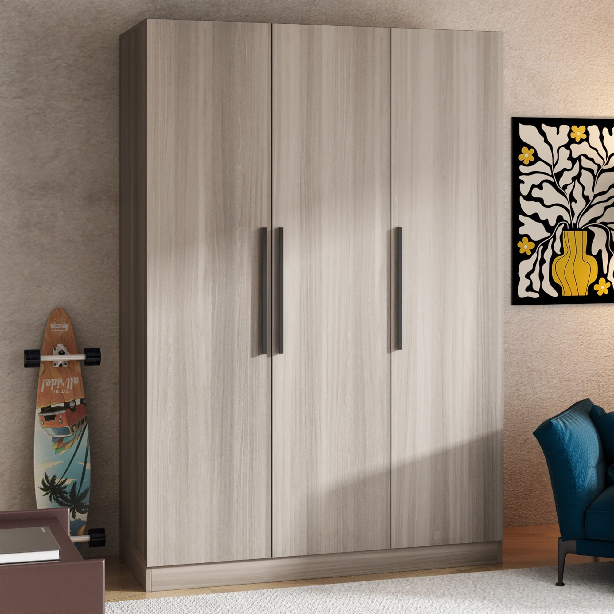 Timechee 47.2 Armoire Clothes Storage Solid Wood Handles Wardrobe White Grey Wood