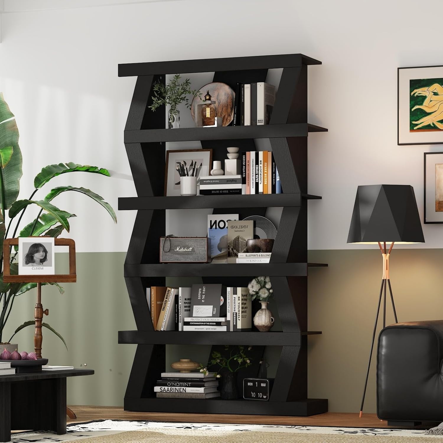 FAMAPY 63.8” Wavy-Shaped Bookshelf with 5-Tier Shelves, Standing ...
