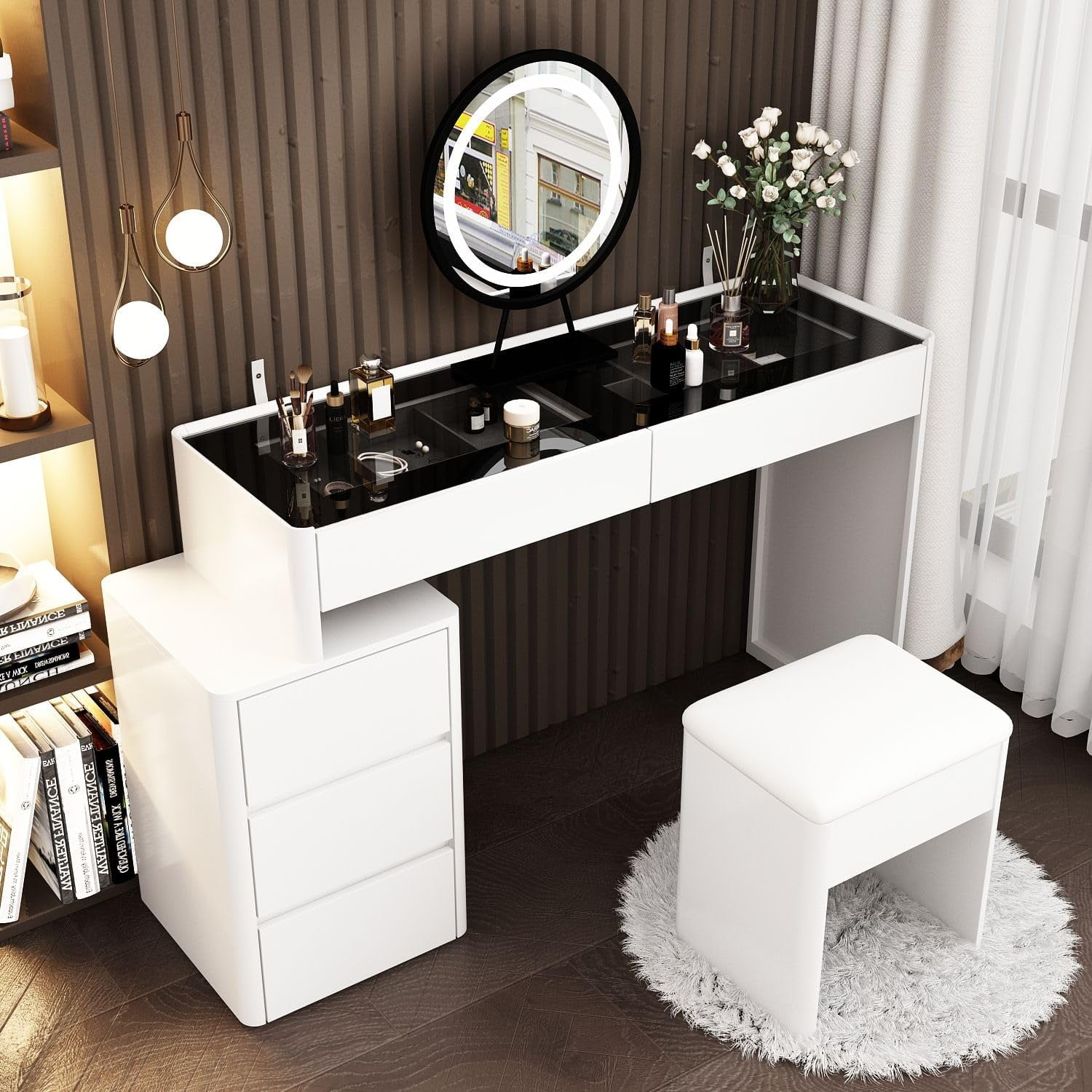 FAMAPY Modern Vanity Desk with Lighted Mirror & Glass Desktop, Makeup ...