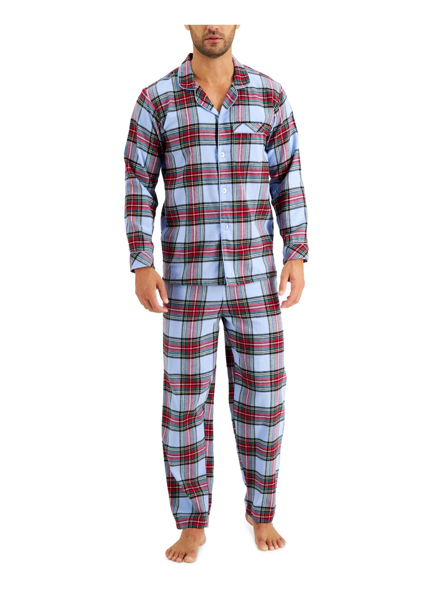 FAMILY PJs Sets Blue Knit Plaid Long Sleeve V Neck Button Up Straight ...
