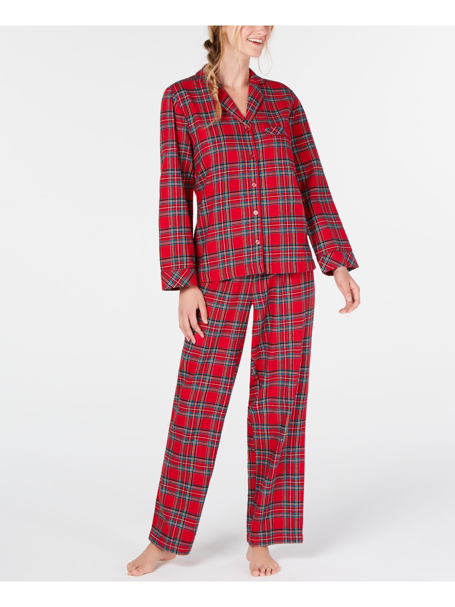 FAMILY PJs Sets Red Flannel Notched Collar Printed Long Sleeve V Neck ...