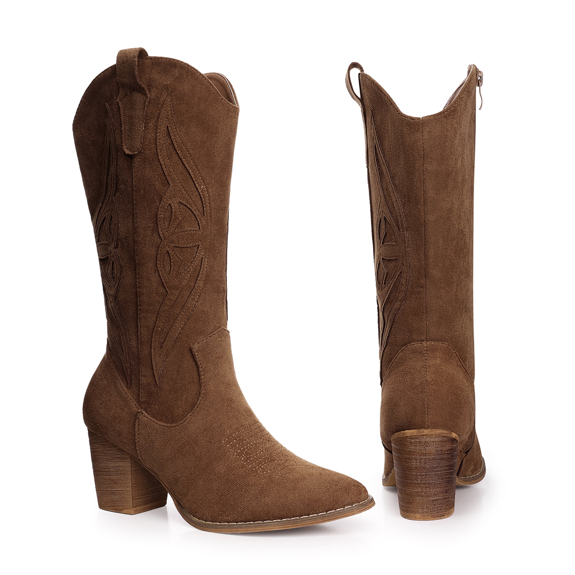 FAMITION Cowboy Boots for Women Embroidered Western Cowgirl Mid-Calf ...