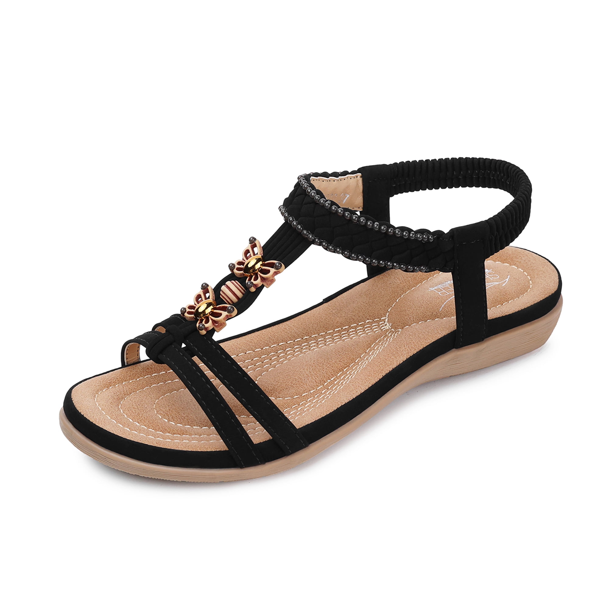 FAMITION Womens Flat Sandals Casual Summer Bohemian Beaded Sandals with ...