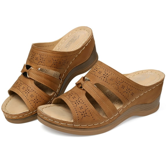 FAMITION Womens Summer Wedge Sandals Brown Slides for Women Beach ...