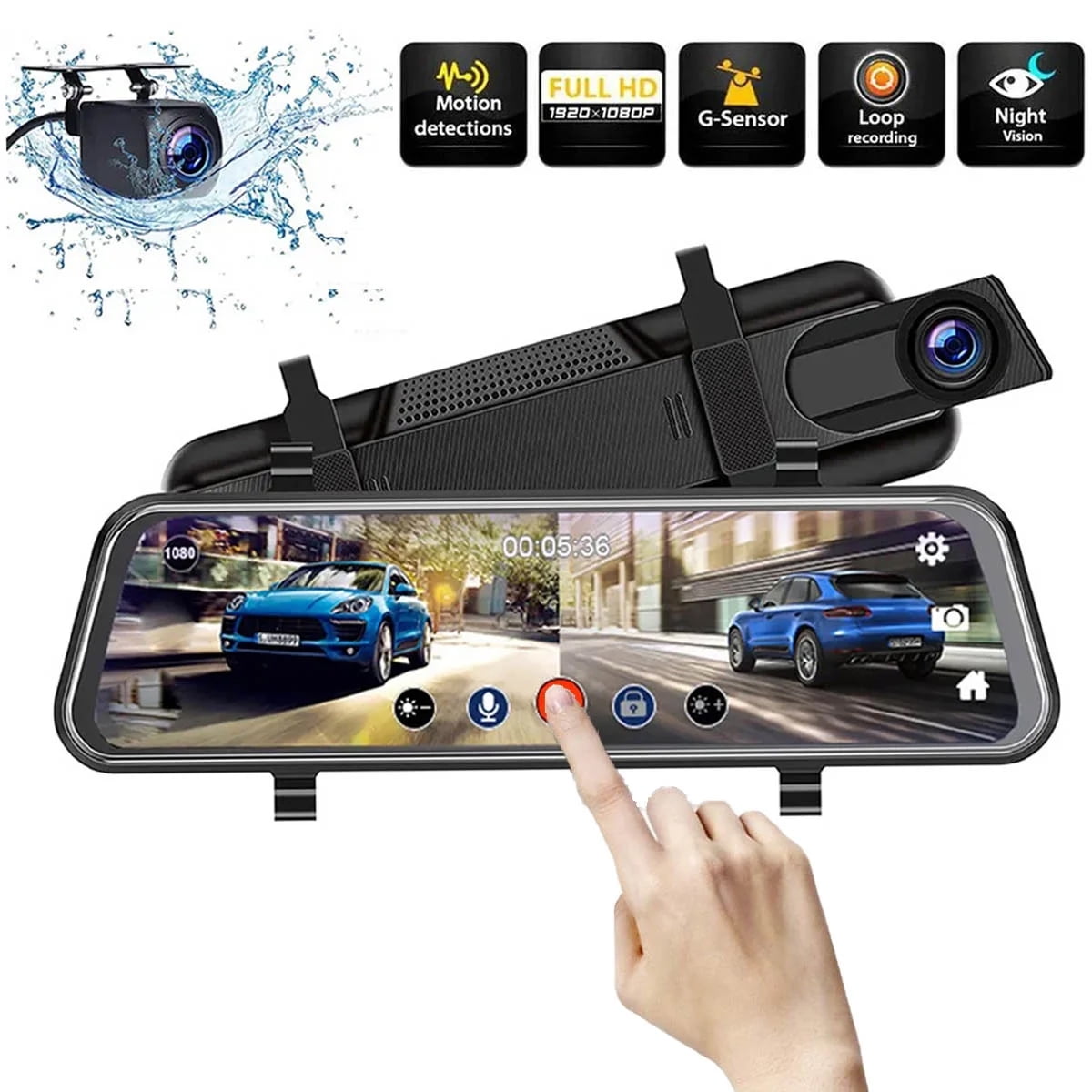 FAMKIT 10" 1080P Mirror Dash Cam, Touch Screen, Front/Rear View, Night ...