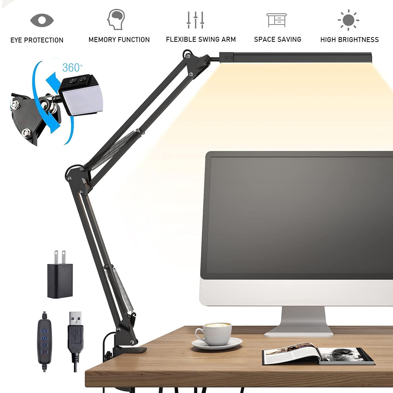 FAMKIT LED Desk Lamp, Long USB Work Light with Swing Arm, 3 Modes, 10 ...