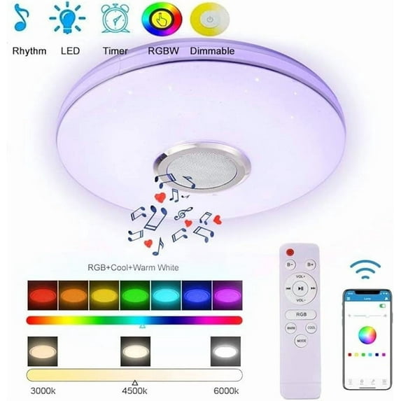 FAMKIT LED Music Ceiling Light with Bluetooth Speaker, 36W Dimmable RGB ...