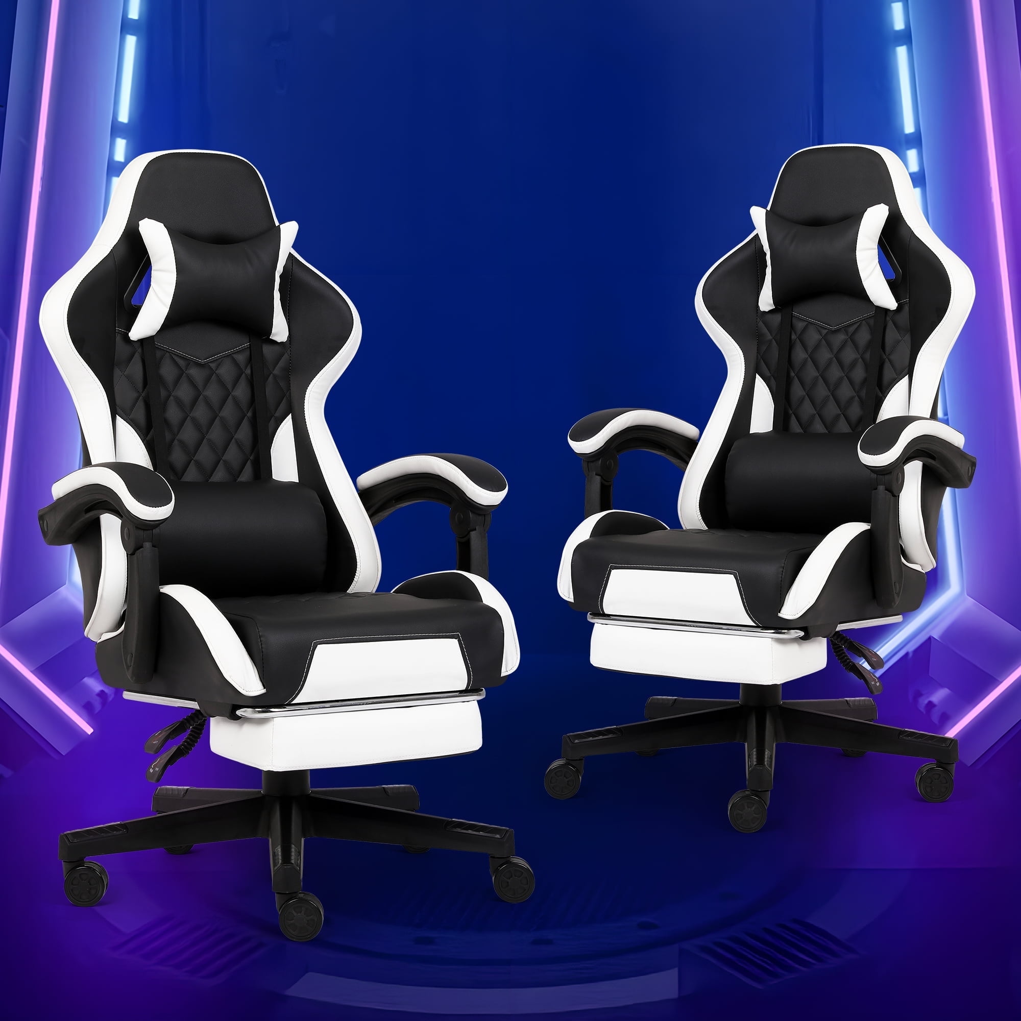 FAMOYI Gaming Chairs with Footrest Set of 2, Leather Adjustable Swivel ...