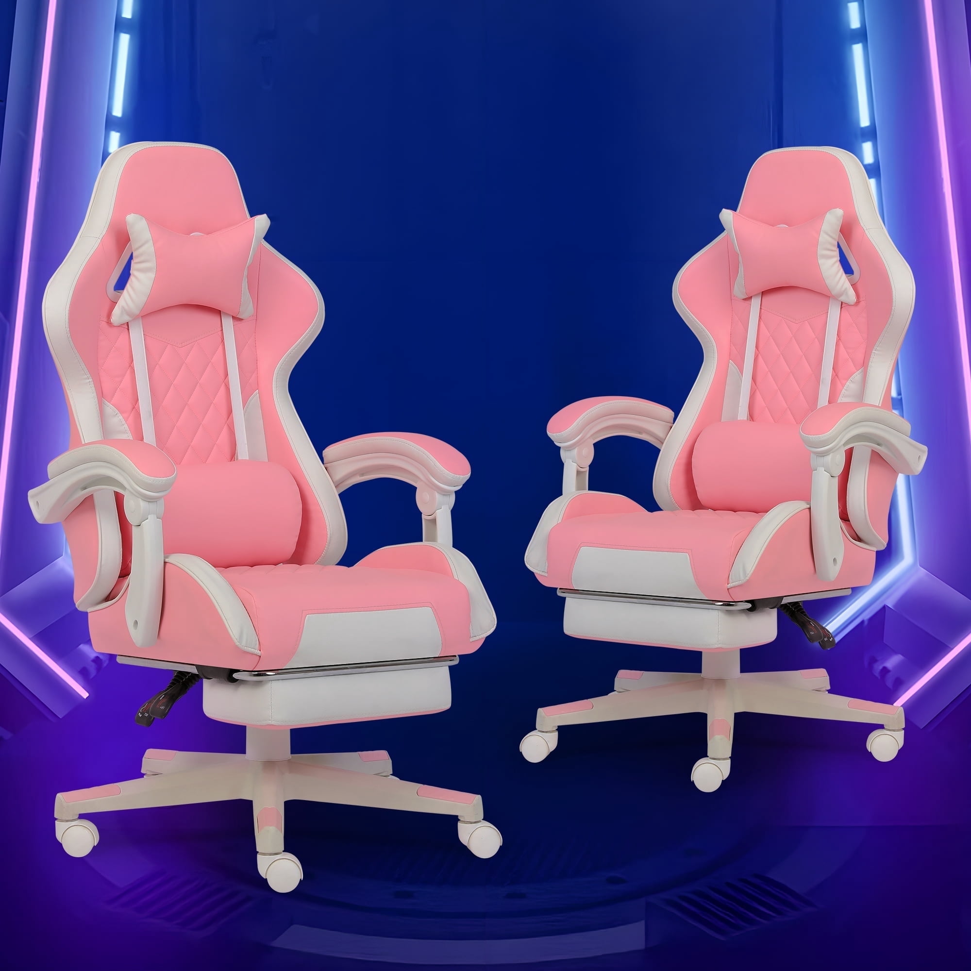 FAMOYI Gaming Chairs with Footrest Set of 2, Leather Adjustable Swivel ...