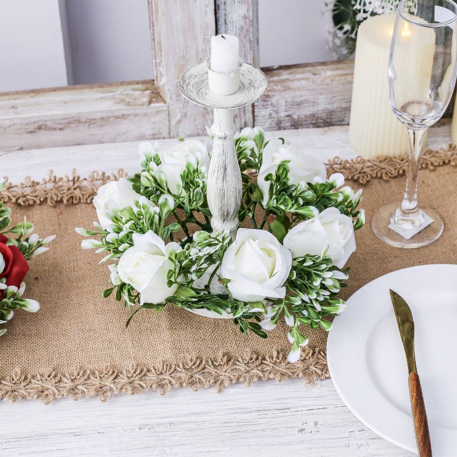 FAMTKT Rose Candle Rings Wreaths Artificial Flowers Fake Plants Wedding ...