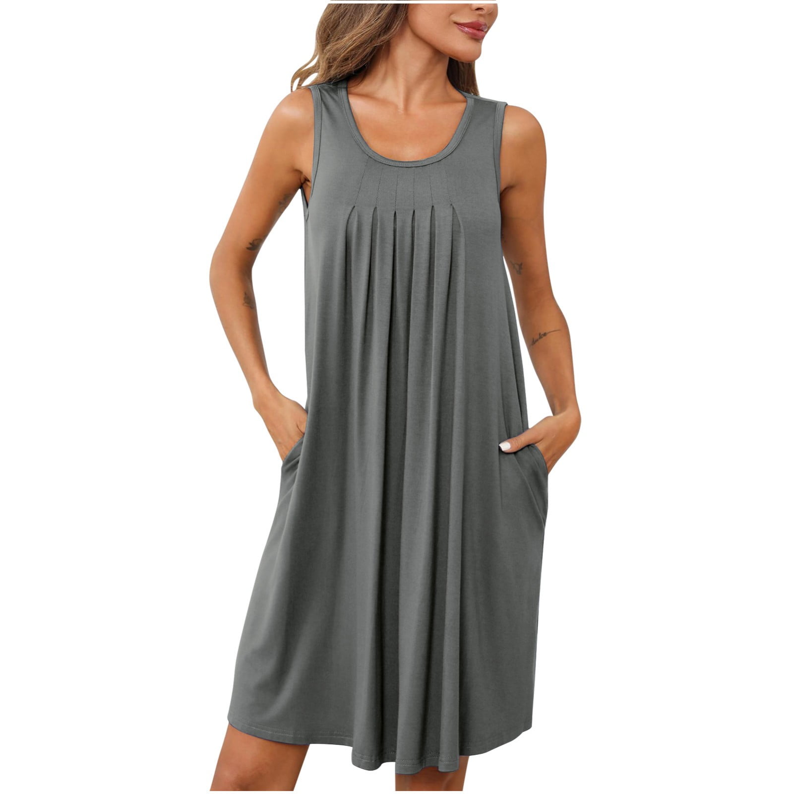 Busydd Summer Dresses for Women Casual Loose Swing Sleeveless Crewneck ...