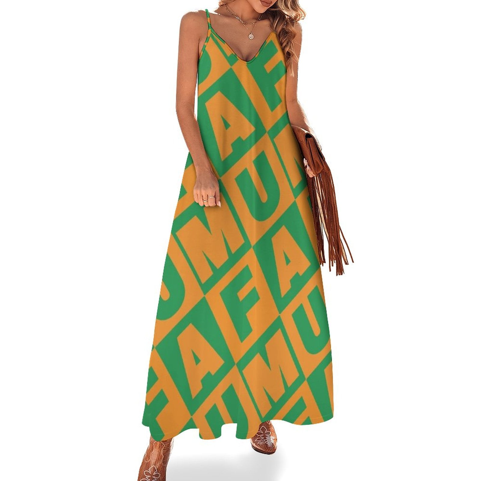 FAMU Orange and Green repeating pattern Sleeveless Dress Women long ...