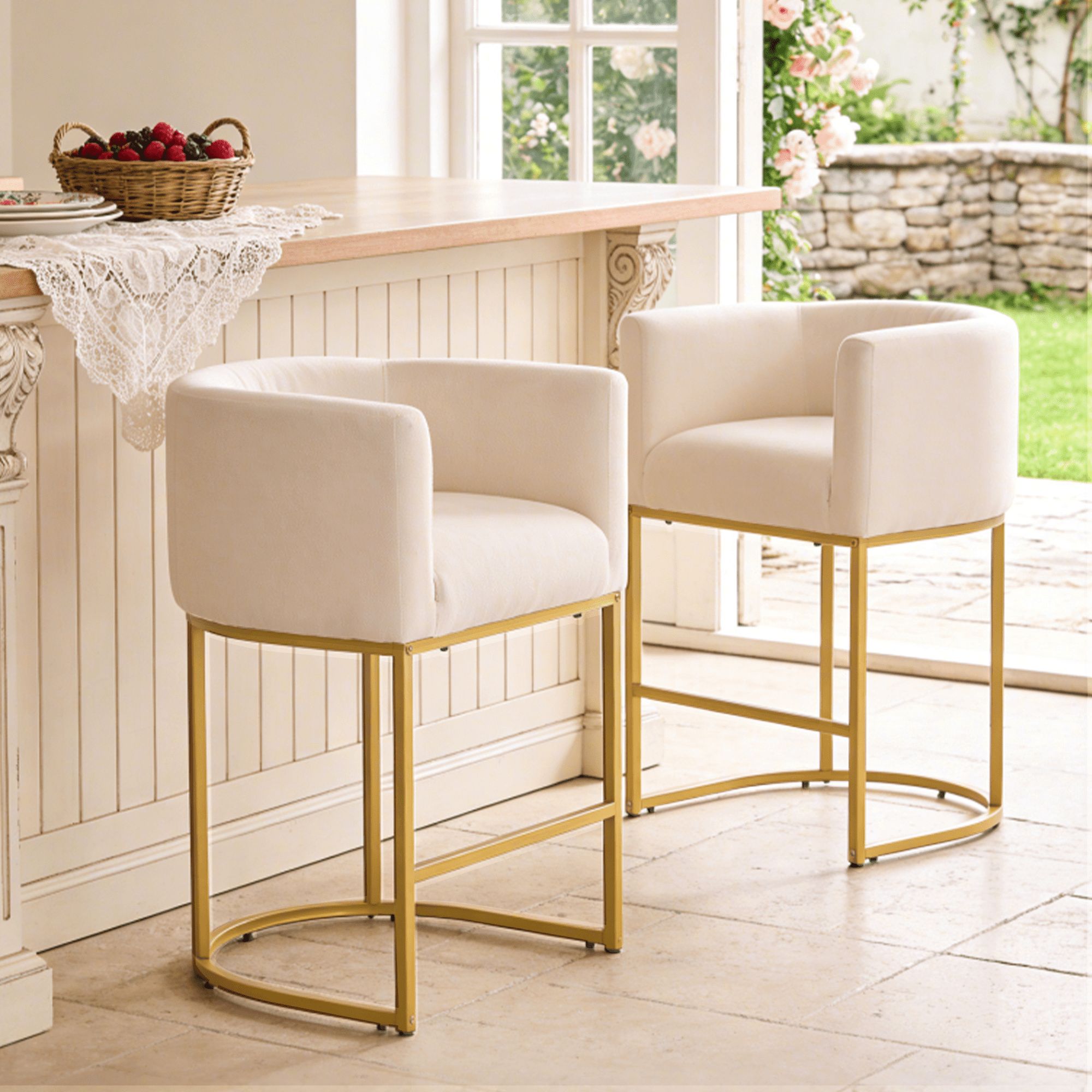 FANCROU 26" H Counter Height Bar Stools Set of 2, Fabric Barrel Stools ...