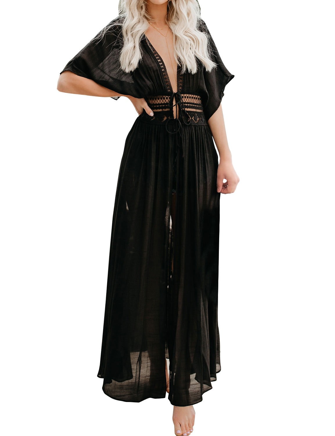 FANCYINN Long Black Beach Coverups for women Kimono Bikini Cardigan ...