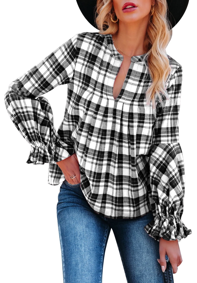 FANCYINN Women's Casual Flannel Plaid Pleated Tunic Tops, Split Neck ...