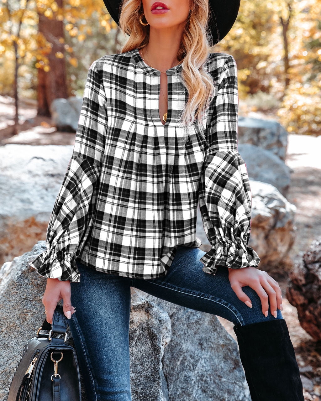 FANCYINN Women's Casual Flannel Plaid Pleated Front Babydoll Tunic Tops ...