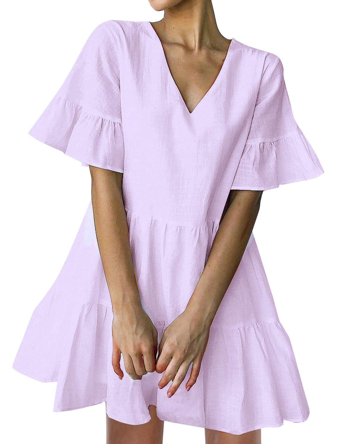 FANCYINN Women’s Sweet Shift Tunic Dress Short Bell Sleeve V Neck ...