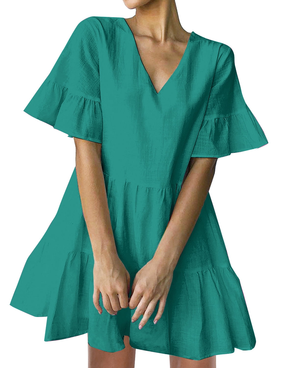 FANCYINN Women’s Sweet Shift Tunic Dress Short Bell Sleeve V Neck ...