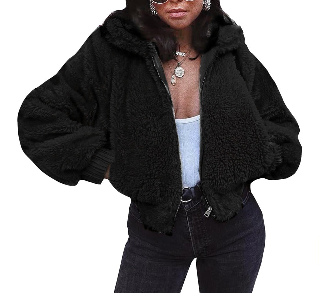 FANCYINN Womens Teddy Cropped Faux Fur Jacket Furry Lapel Coat Zip Up ...