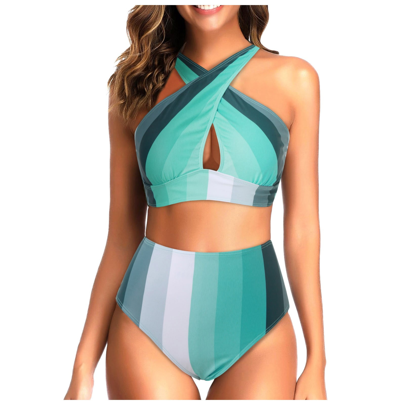 Fandaniv High Waisted Bikini Set For Women Cute Color Block Striped
