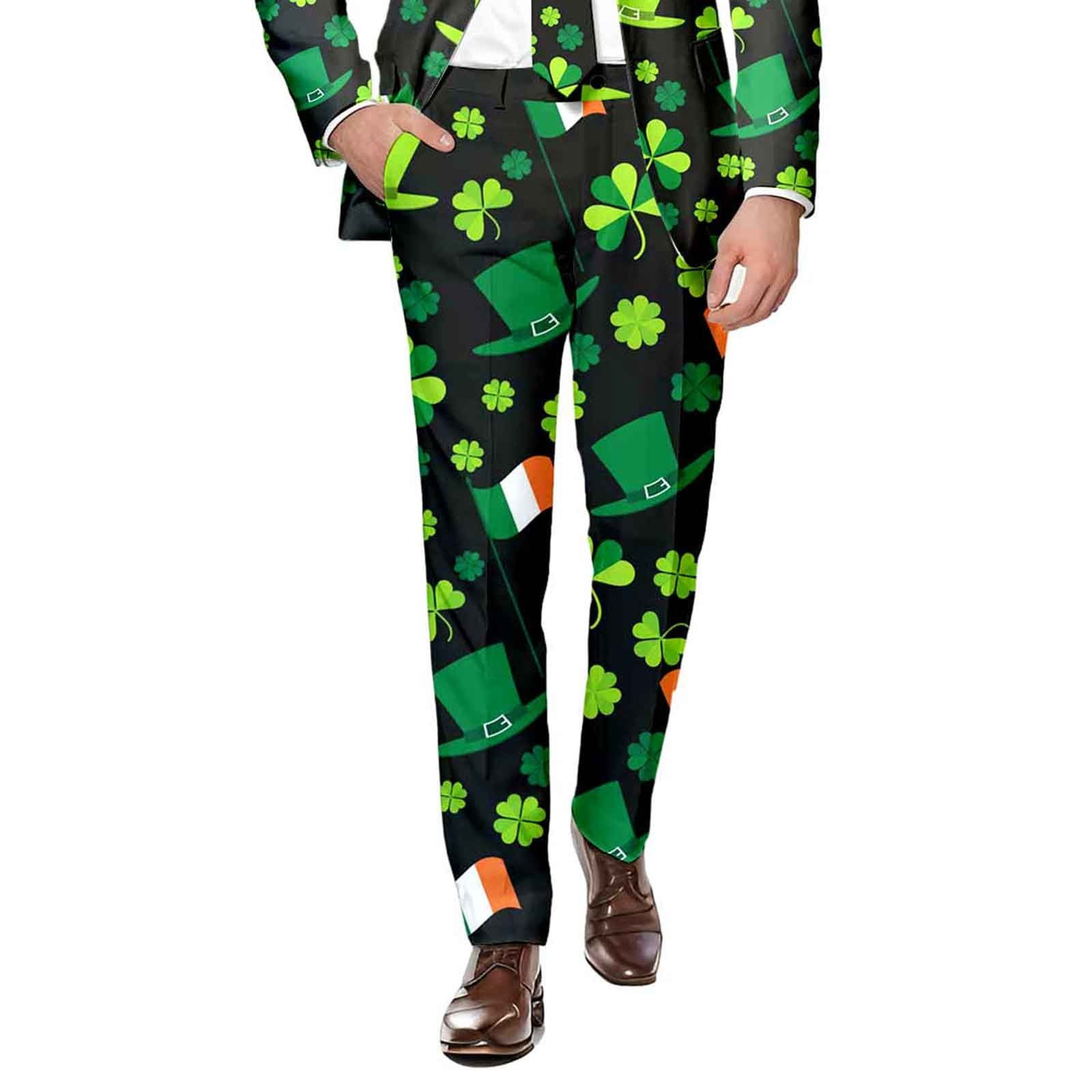 Fandaniv Mens Stretch Hiking Cargo Pants Festive Style All Over Printed Four Leaf Suit Relaxed